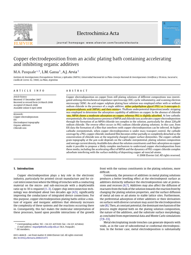 Copper Electrodeposition From An Acidic Plating Bath Containing ...
