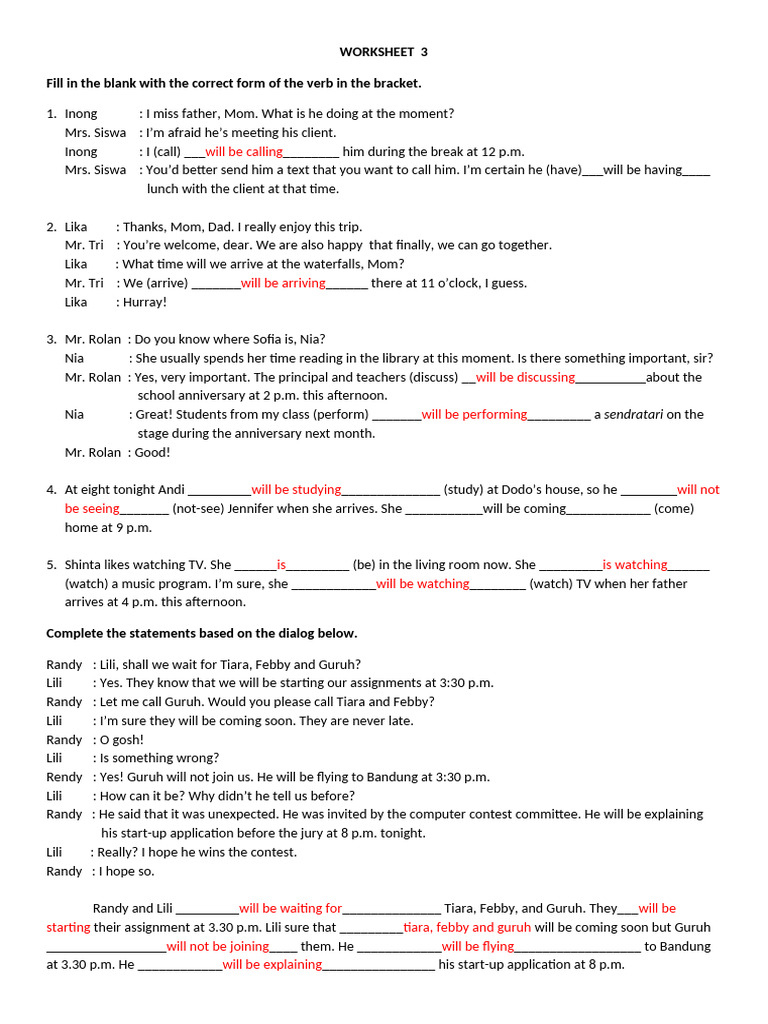 Worksheet 3 Future Continous Pdf 6462