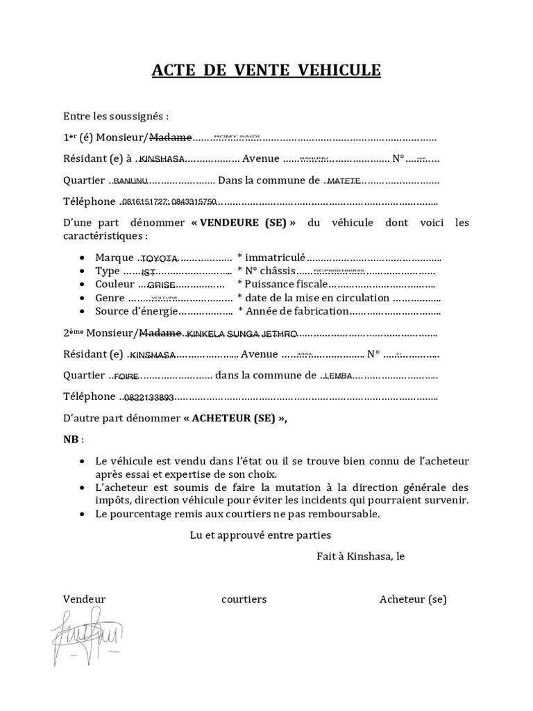 Acte de Vente Vehicule | PDF