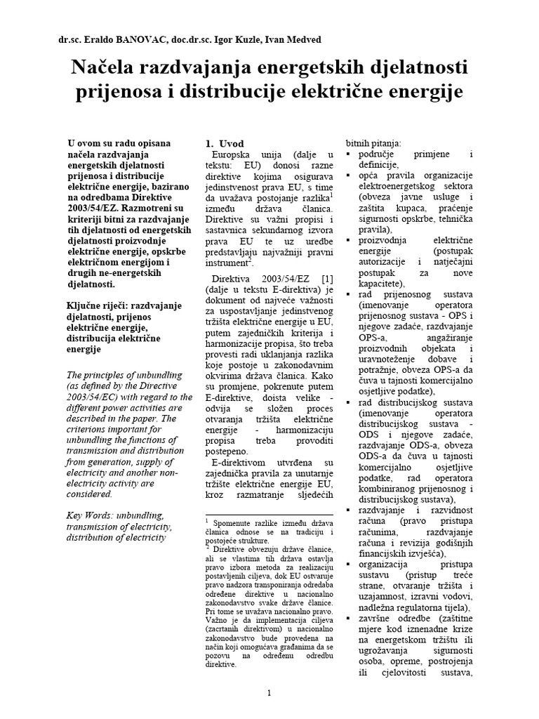 Nacela Razdvajanja Energetskih Djelatnosti Prijenosa I Distribucije Elektricne Energije | PDF