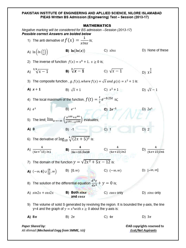 Mathematics Portion PIEAS 2013 | PDF
