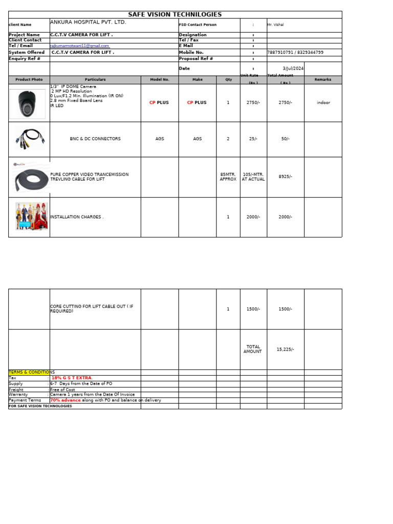 ANKURA HOSPITAL LIFT CABLE CCTV CAMERA QUOTATION 2024 | PDF