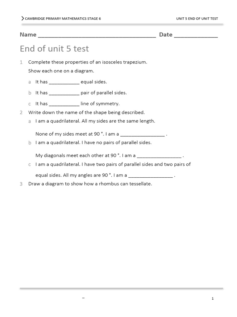 Prim Maths 6 2ed TR Unit 5 Test | PDF