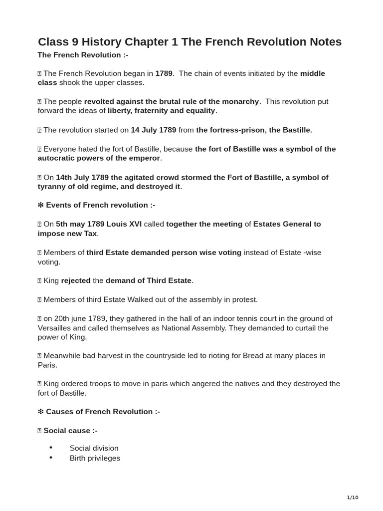 Class 9 History Chapter 1 The French Revolution Notes | PDF
