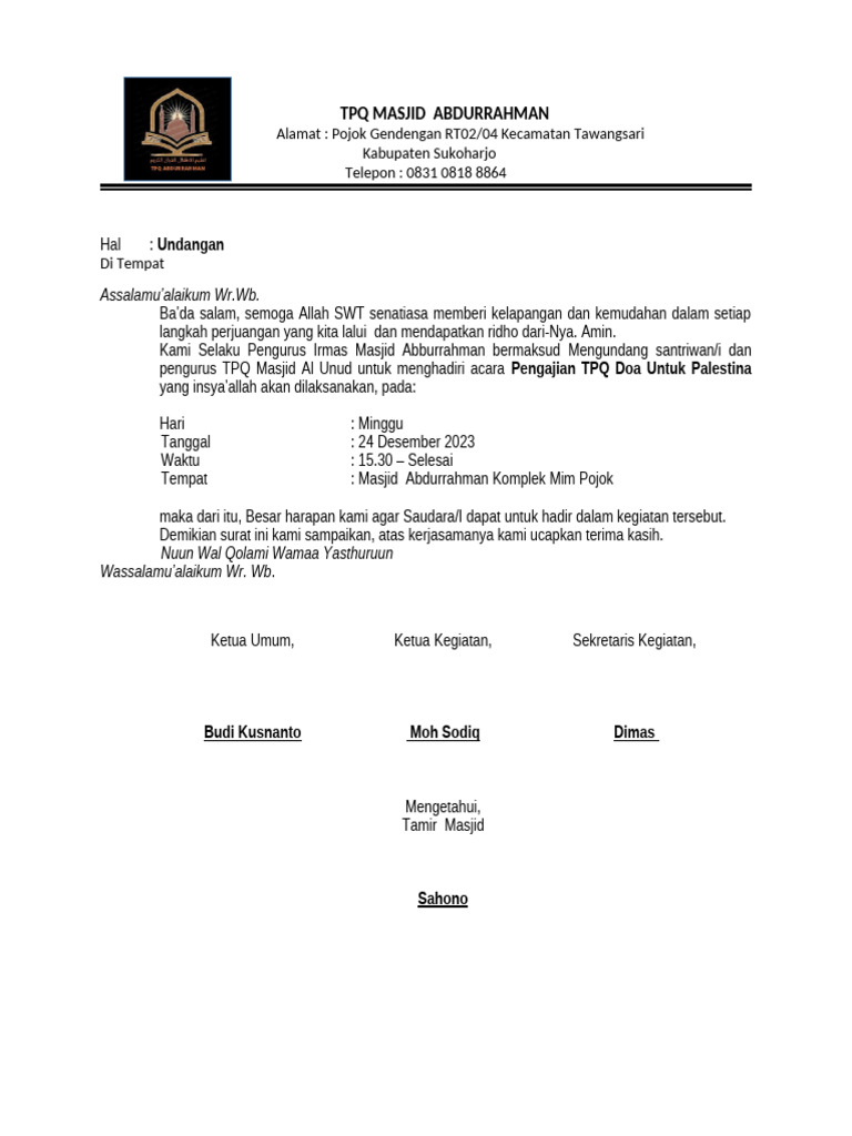 undanganTPQ MASJID AL UNUD Betull | PDF