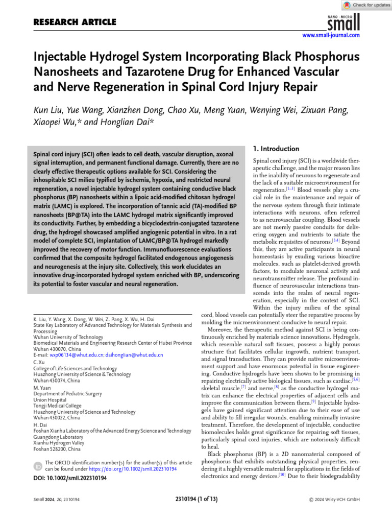 Small - 2024 - Liu - Injectable Hydrogel System Incorporating Black ...