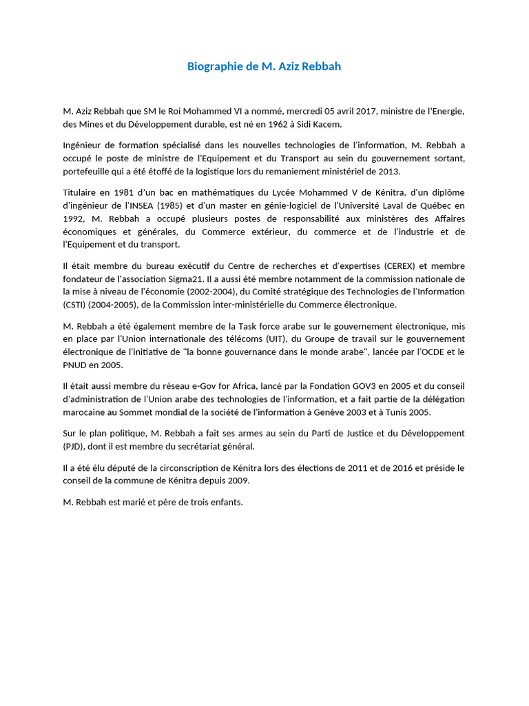 Biographie de M. Aziz Rebbah 0 | PDF