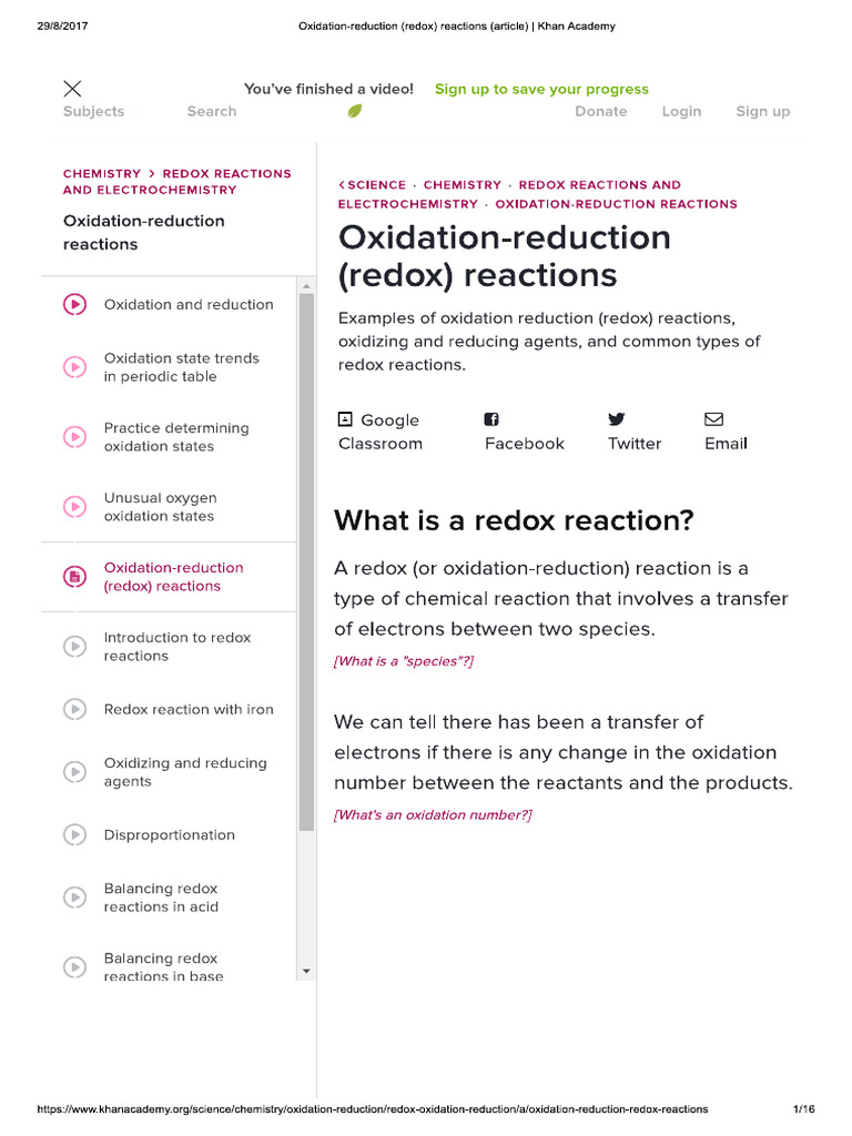 Oxidation Reduction Redox Reactions Article Khan Academy Pdf