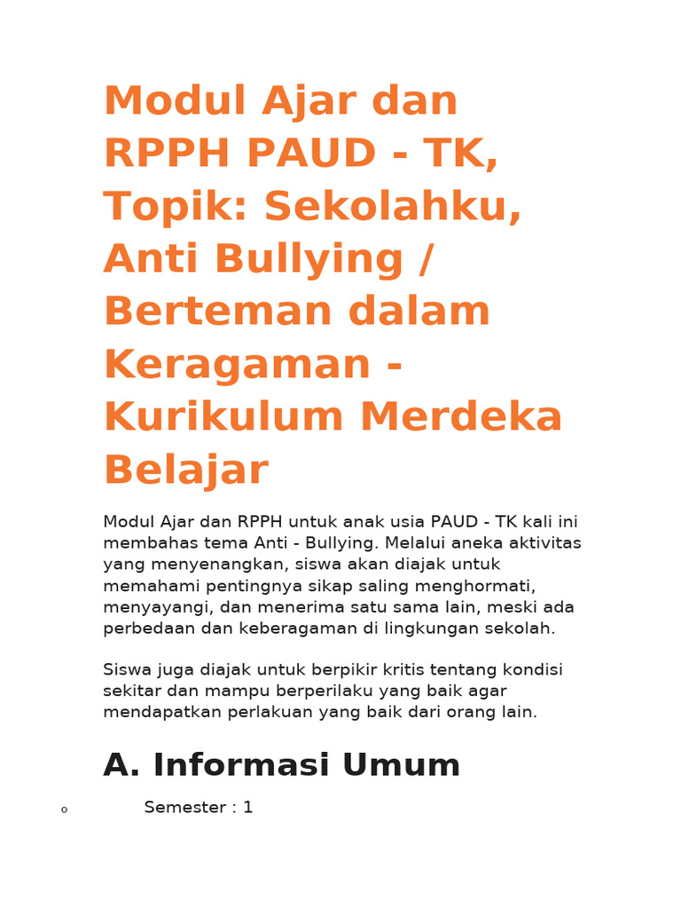 RPPH PAUD: Modul Anti-Bullying | PDF | Karier & Perkembangan | Seni ...