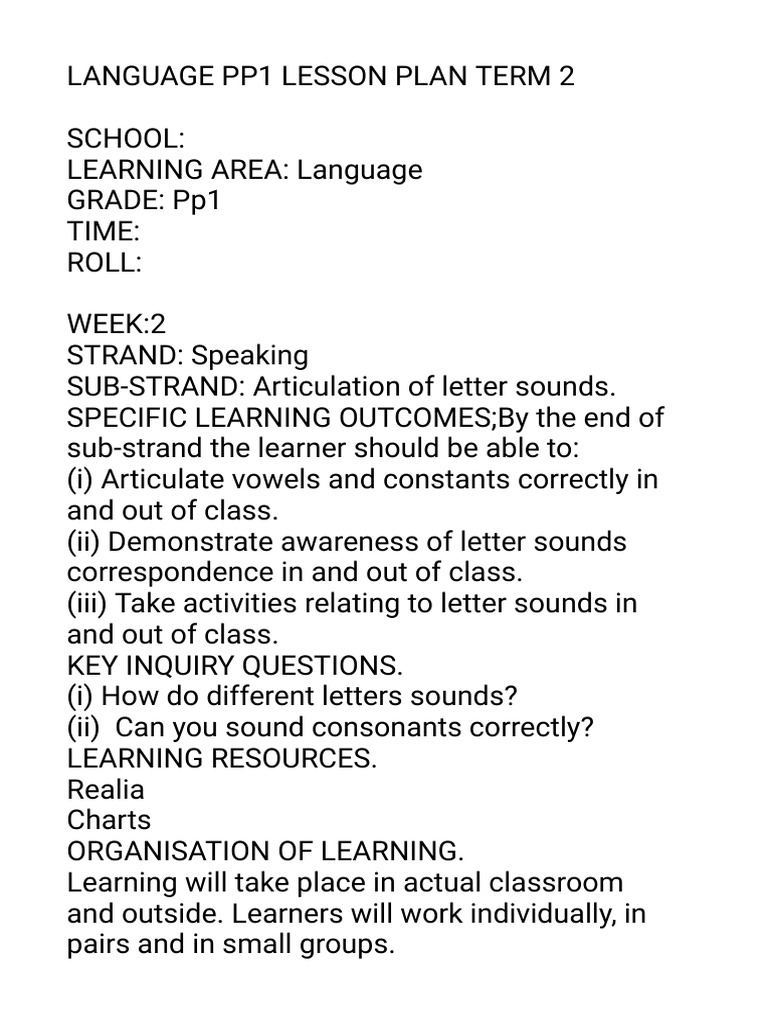 PP1 Language Lesson Plan Term 2 - 100223 | PDF