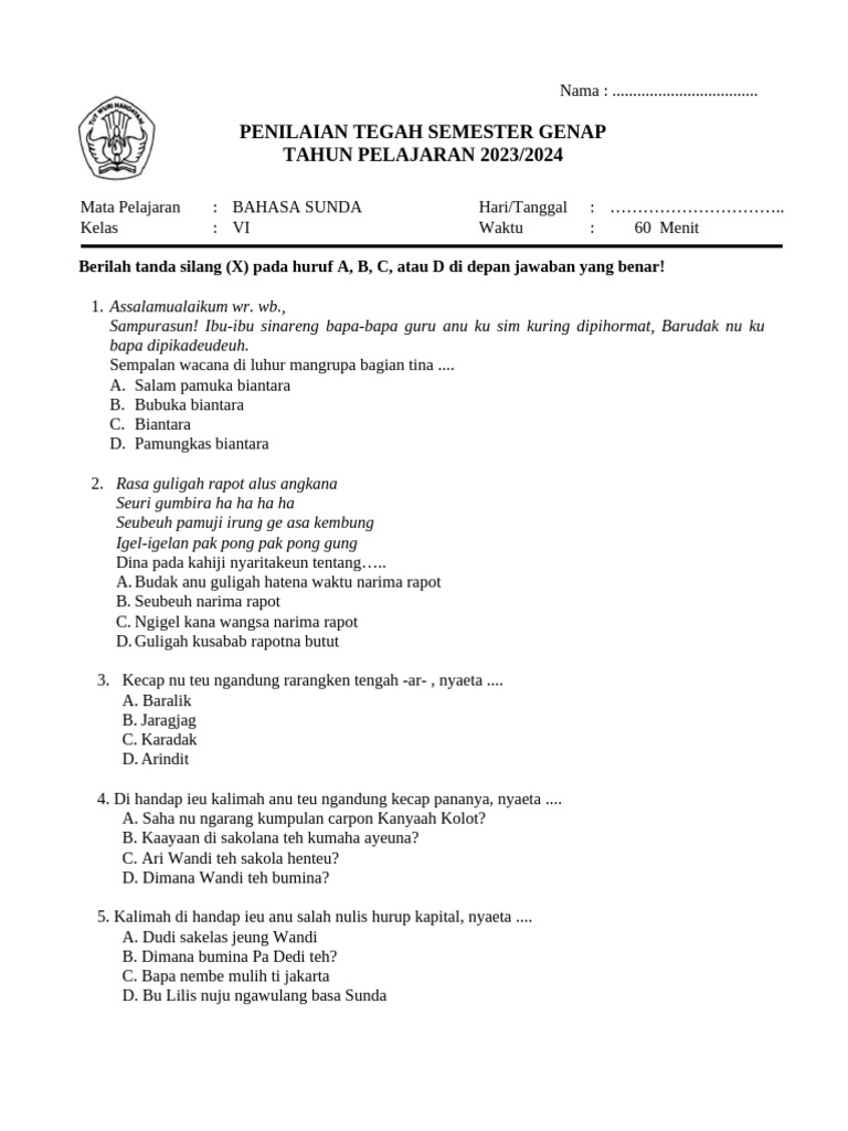 SOAL PTS Kelas 6 B Sunda Tahun 2023-2024 | PDF