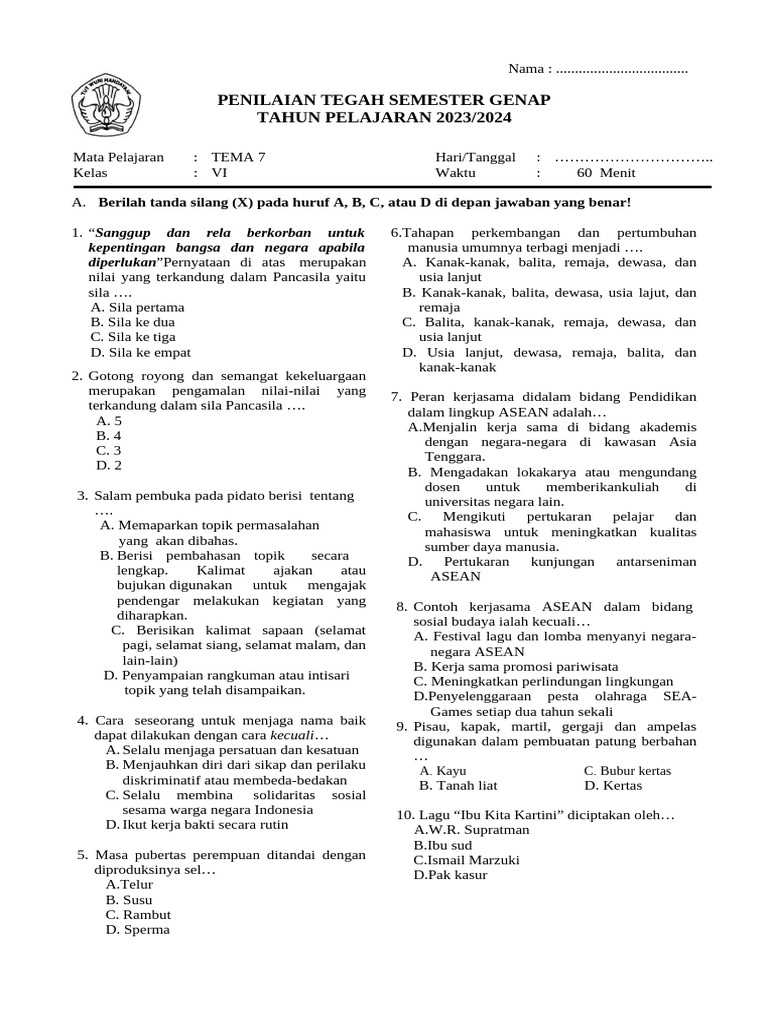 SOAL PTS Kelas 6 TEMA 7 Tahun 2023-2024 | PDF