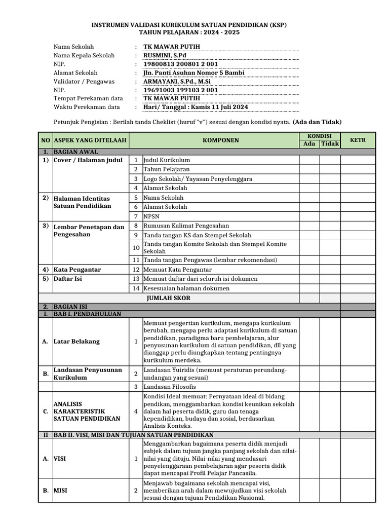 Instrumen Validasi KSP - TK | PDF | Política de indonesia