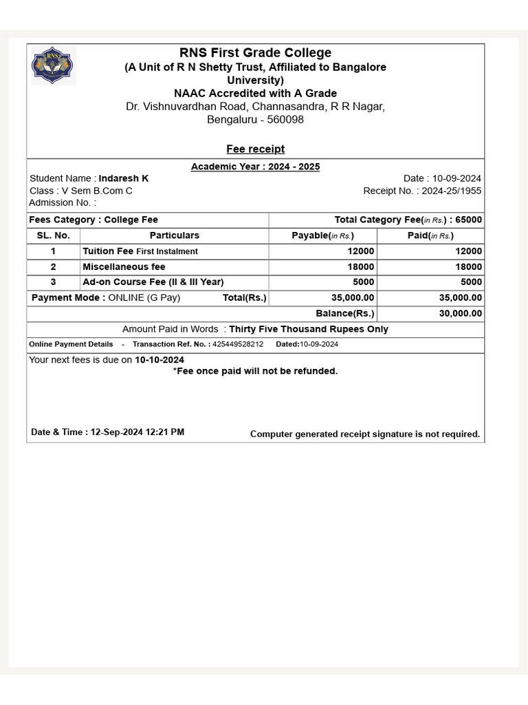 RNS First Grade College Fee Receipt | PDF