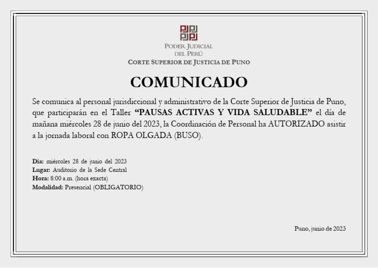 Comunicado Pausas Activas Ropa Deportiva | PDF