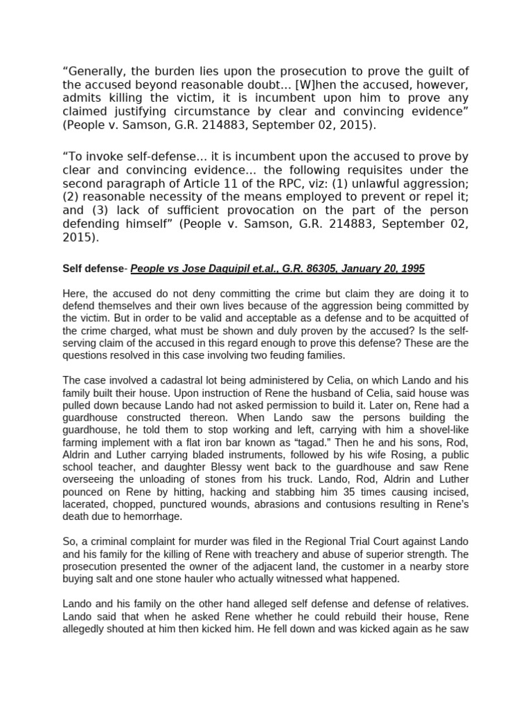 When To Invoke The Plea of Incomplete Self - Defense | PDF | Crimes ...