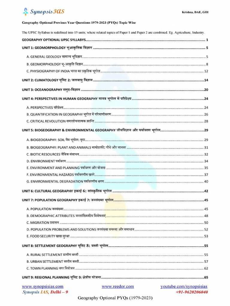 01 PYQs Geography Optional UPSC PYQs 1979-2023 V 2.1 Synopsis IAS | PDF