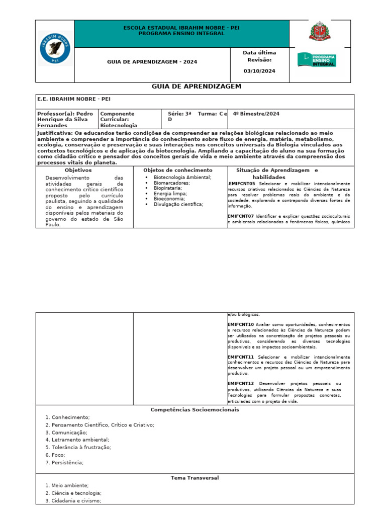 Guia Biotec 4º Bim. 2024 | PDF | Biología | Naturaleza