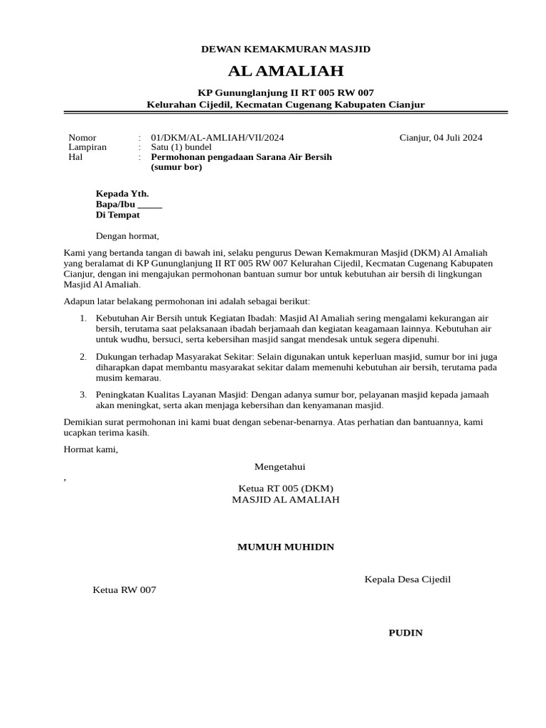 Proposan Sumur Bor DKM Al Amaliah | PDF