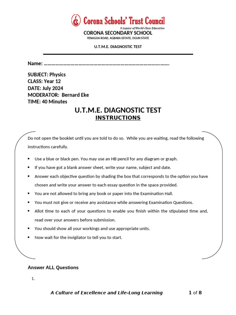 Utme Diagnostics Test | PDF