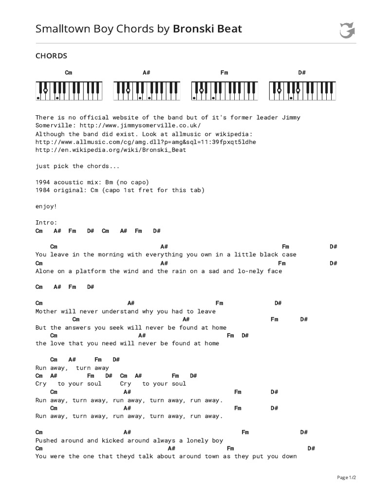 Smalltown Boy Chords by Bronski Beat | PDF