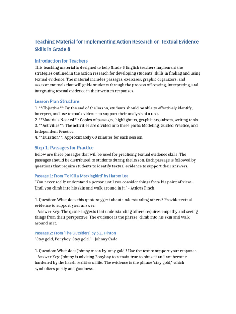 Grade 8 Textual Evidence Teaching Material | PDF