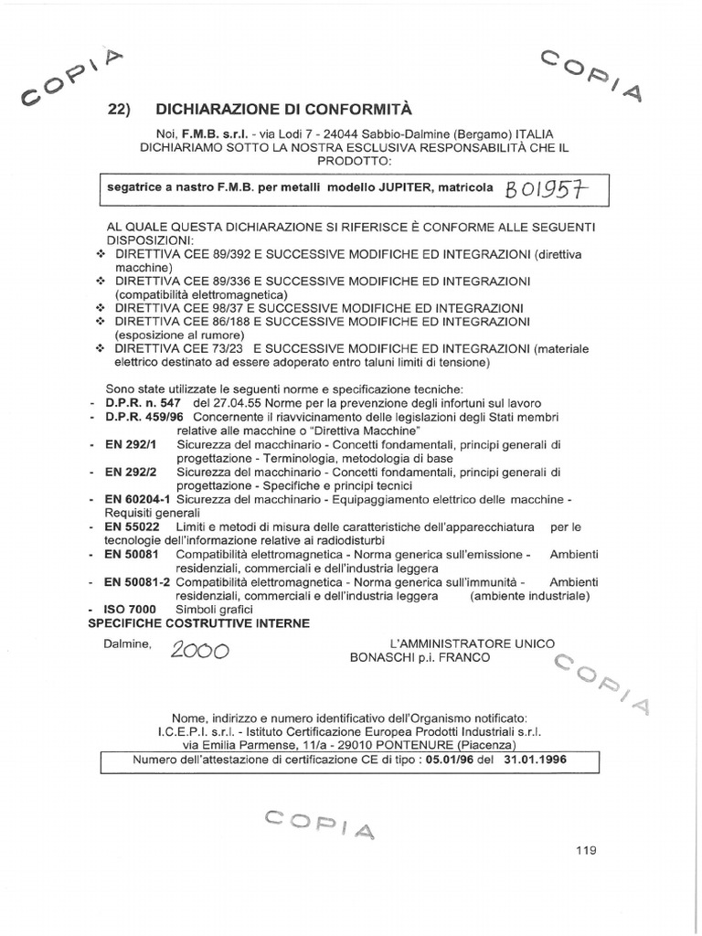 FMB JupiterCertificato CE Segatrice | PDF