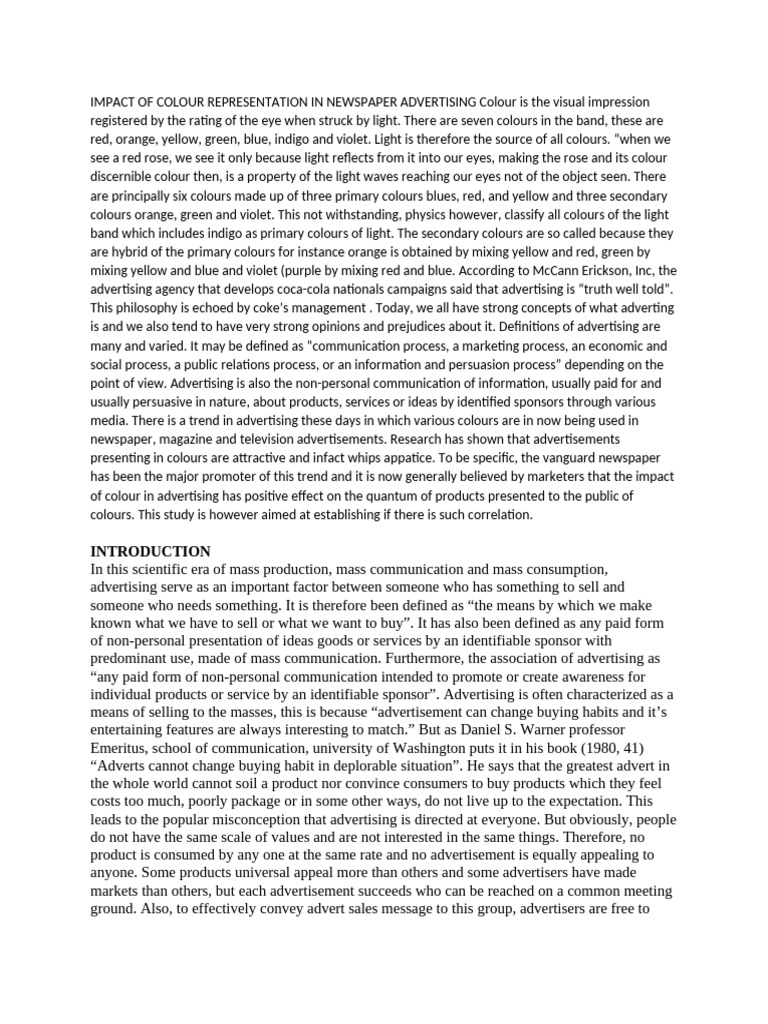 IMPACT OF COLOUR REPRESENTATION IN NEWSPAPER ADVERTISING Colour Is The ...