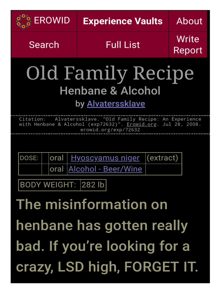 Henbane & Alcohol - Erowid Exp - 'Old Family Recip | PDF | Beer | Brewing