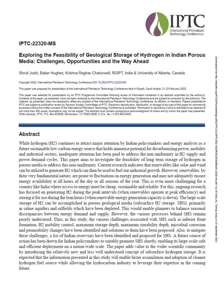 Exploring The Feasibility of Geological Storage of Hydrogen in Indian ...