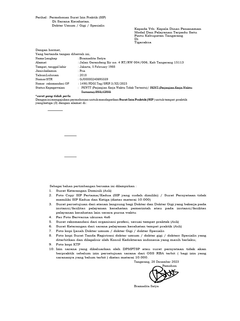Formulir Permohonan SIP Dokter Praktek Formulir OK-1 | PDF