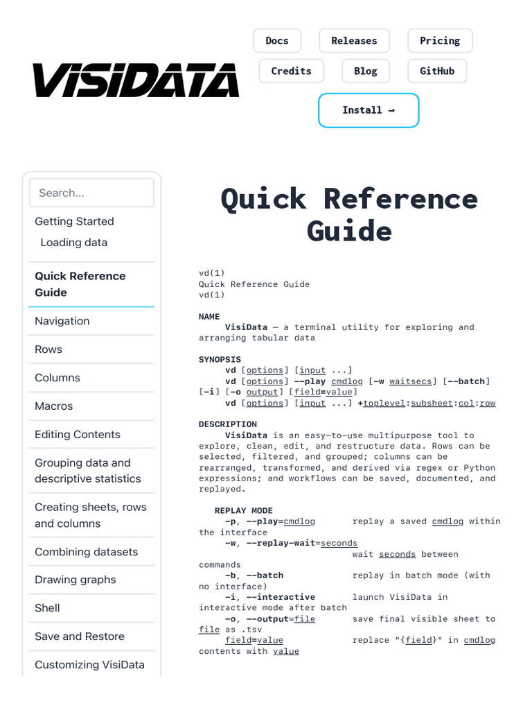 Quick Reference Guide - Docs - VisiData | PDF