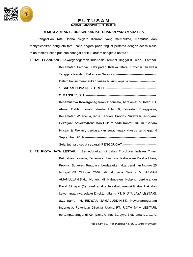 Putusan 46 G 2019 Ptun - Kdi 20240722230521 | PDF