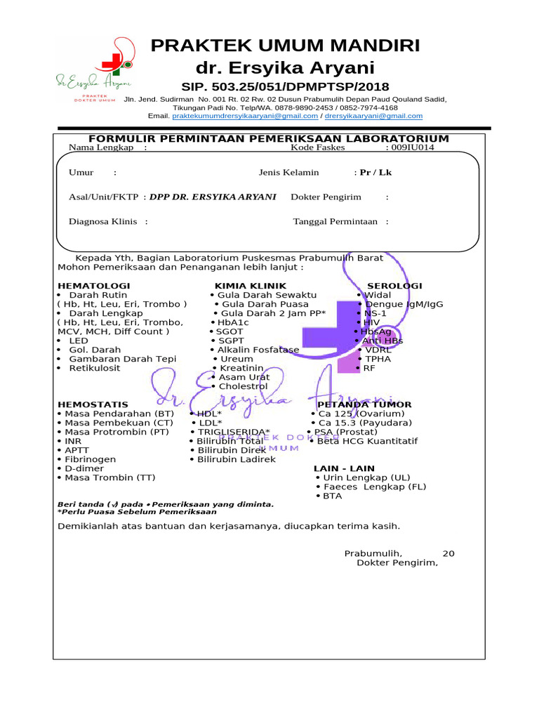 FORM PERMINTAAN CEK LAB | PDF