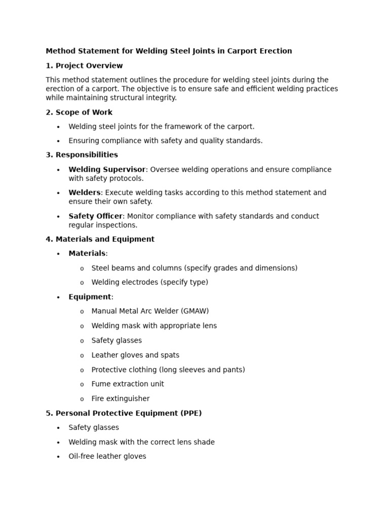 Method Statement For Welding Steel Joints in Carport Erection | PDF