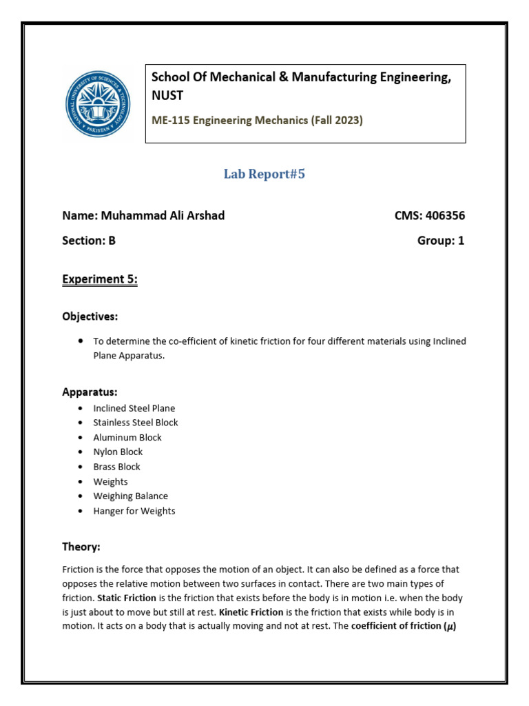 Engineering Mechanics Lab Report 5 Ali | PDF