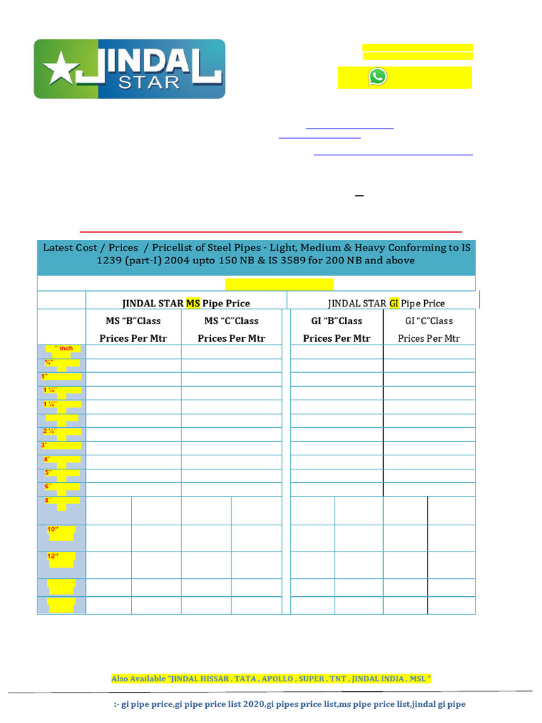 Jindal Star Pipes Pricelist | PDF