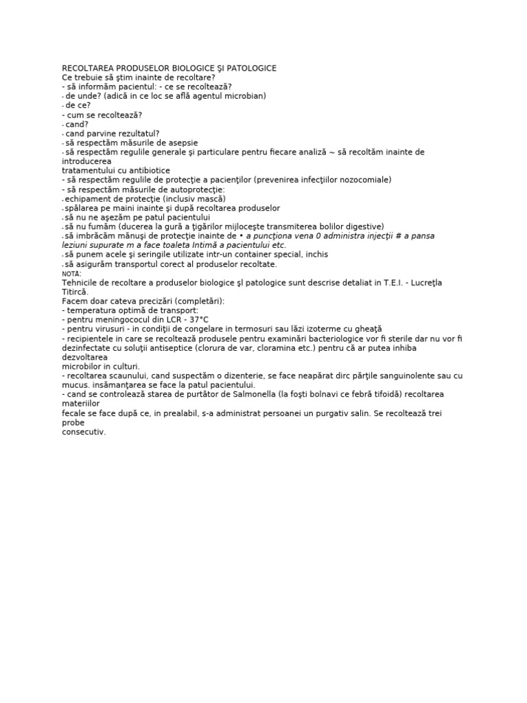 Recoltarea Produselor Biologice Şi Patologice | PDF