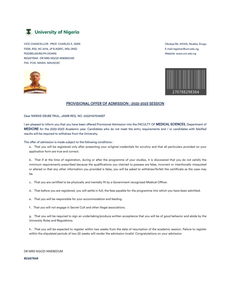 UNN Admission letter | PDF