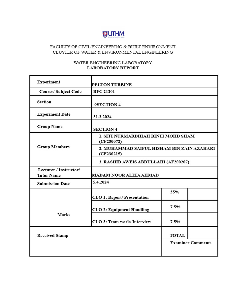 Pelton turbine Report EXAMPLE | PDF