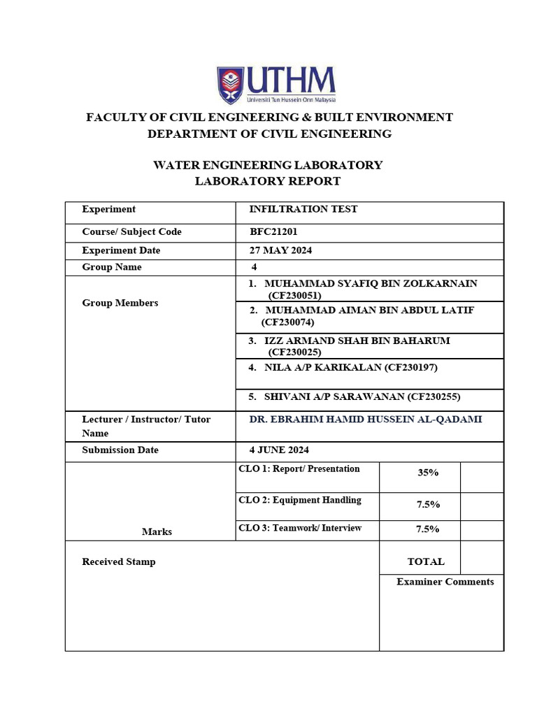 Infiltration Test Group 4 Lab Report | PDF | Soil | Water