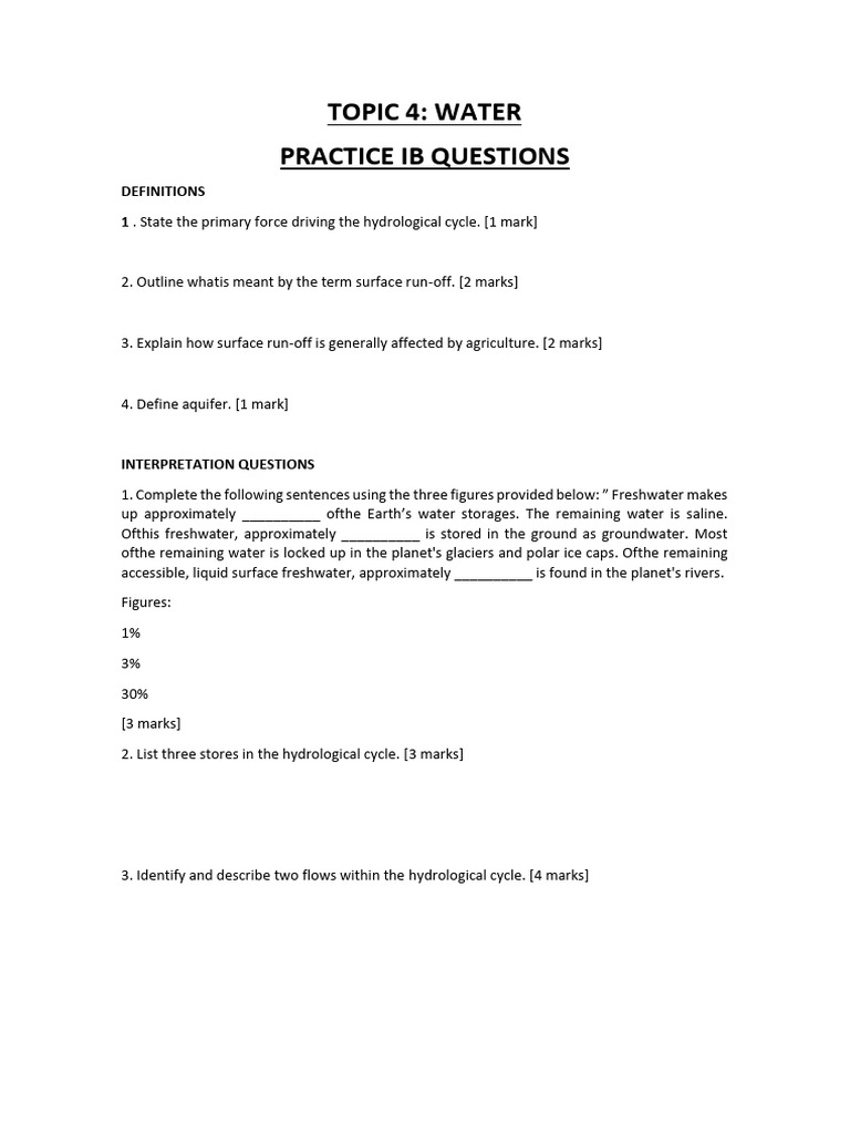 IB Practice Questions Topic 4.1 Water Systems | PDF