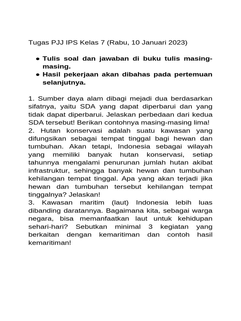 Tugas PJJ IPS Kelas 7 (Rabu, 10 Januari 2023) | PDF