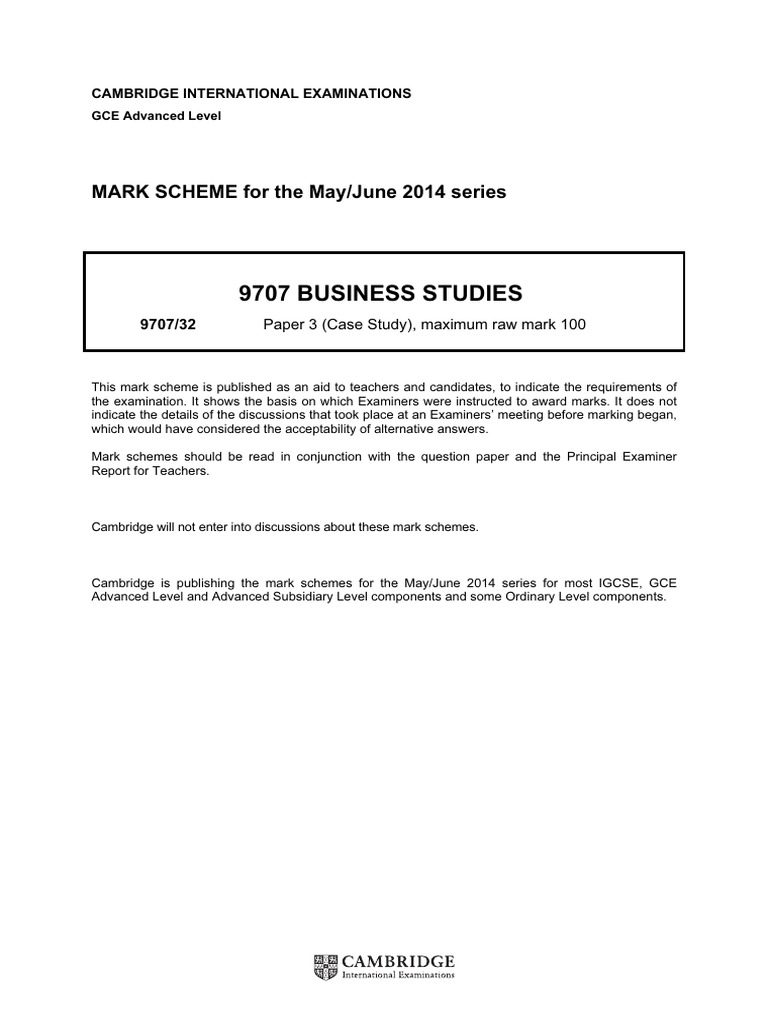 9707 Business Studies: MARK SCHEME For The May/June 2014 Series | PDF
