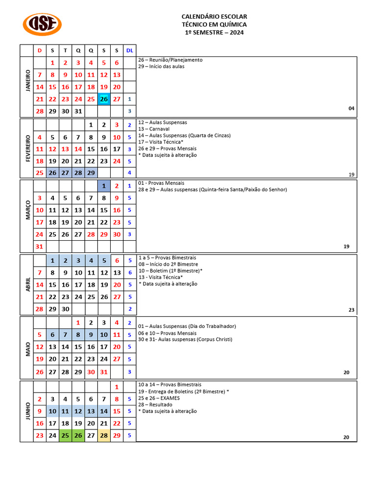 Calendário 1°sem24 Técnico em Química | PDF