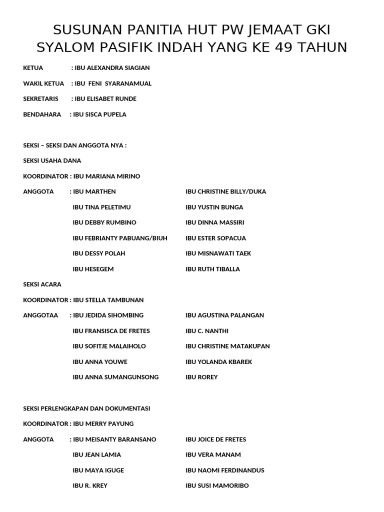 Susunan Panitia HUT PW GKI SYALOM KE 50 | PDF