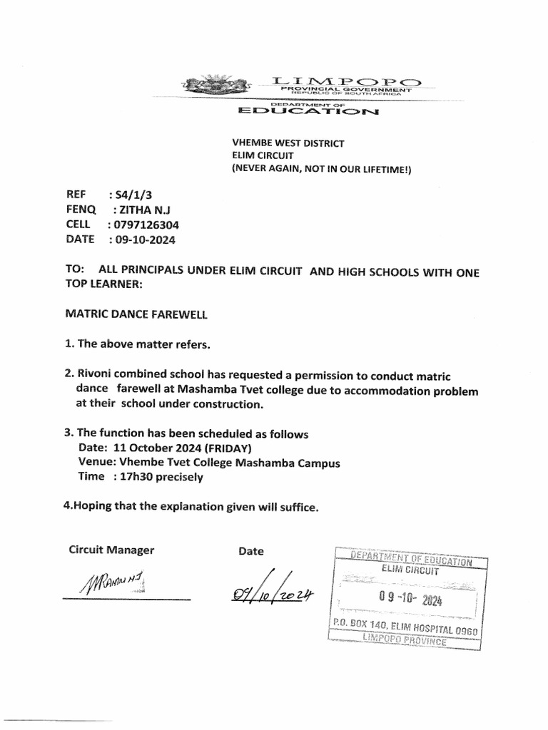 Invitation-Rivoni Matric Dance To All Principals Under Elim Circuit | PDF