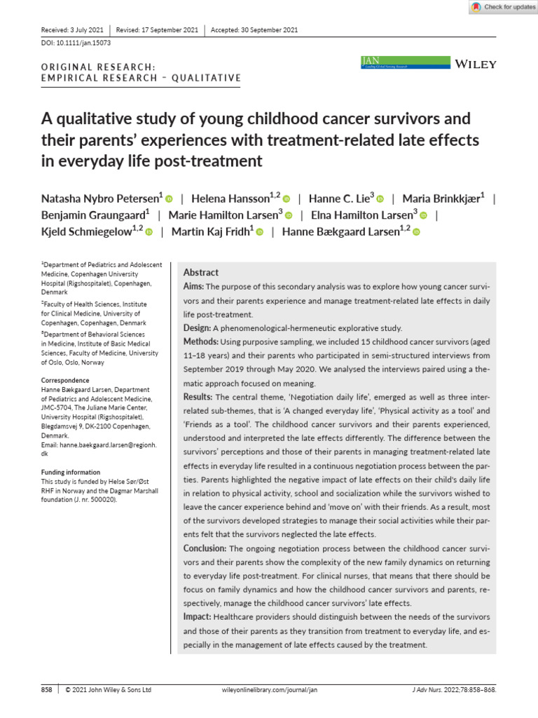 Journal of Advanced Nursing - 2021 - Petersen - A Qualitative Study of Young Childhood Cancer ...