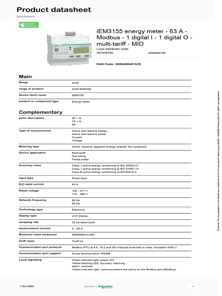 Schneider Electric - Acti9-iEM3000-Energy-Meters - A9MEM3155 | PDF