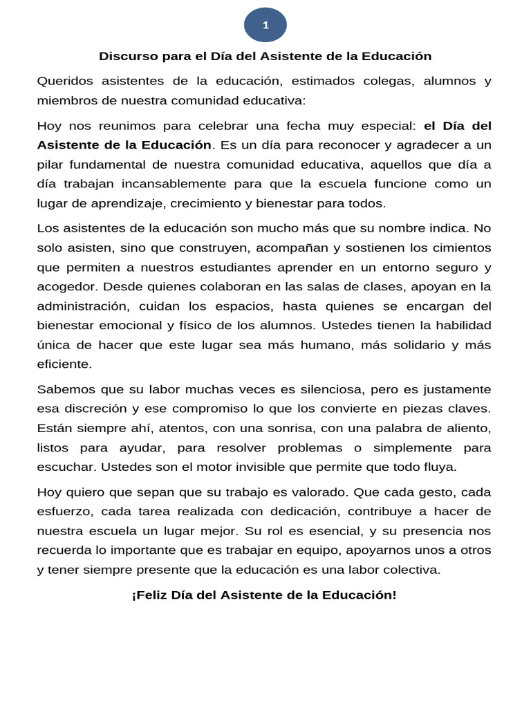 Discurso para El Día Del Asistente de La Educación | PDF
